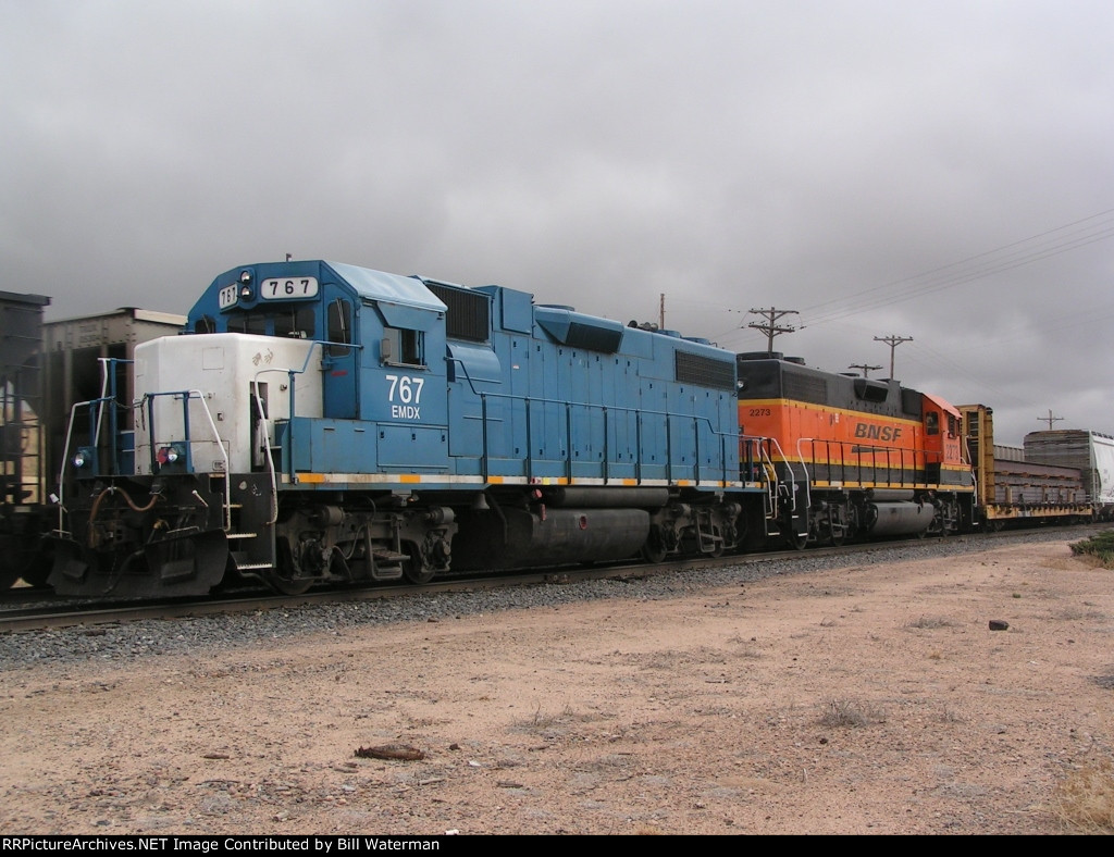 EMDX 767 switching yard with BNSF 2273